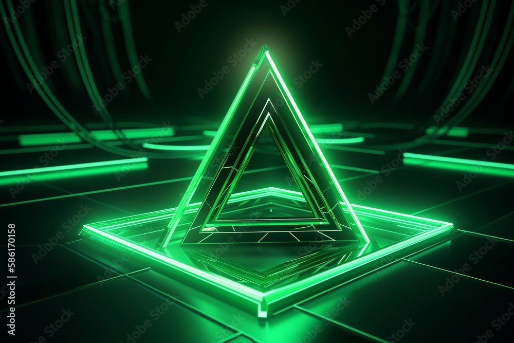 abstract green neon background features a triangular shape, laser rays ...