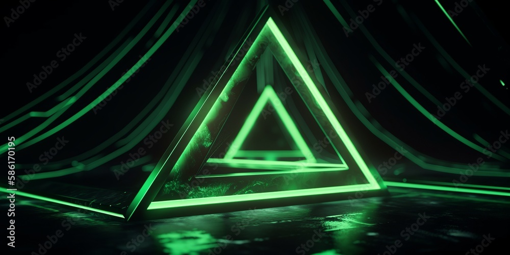 abstract green neon background features a triangular shape, laser rays ...