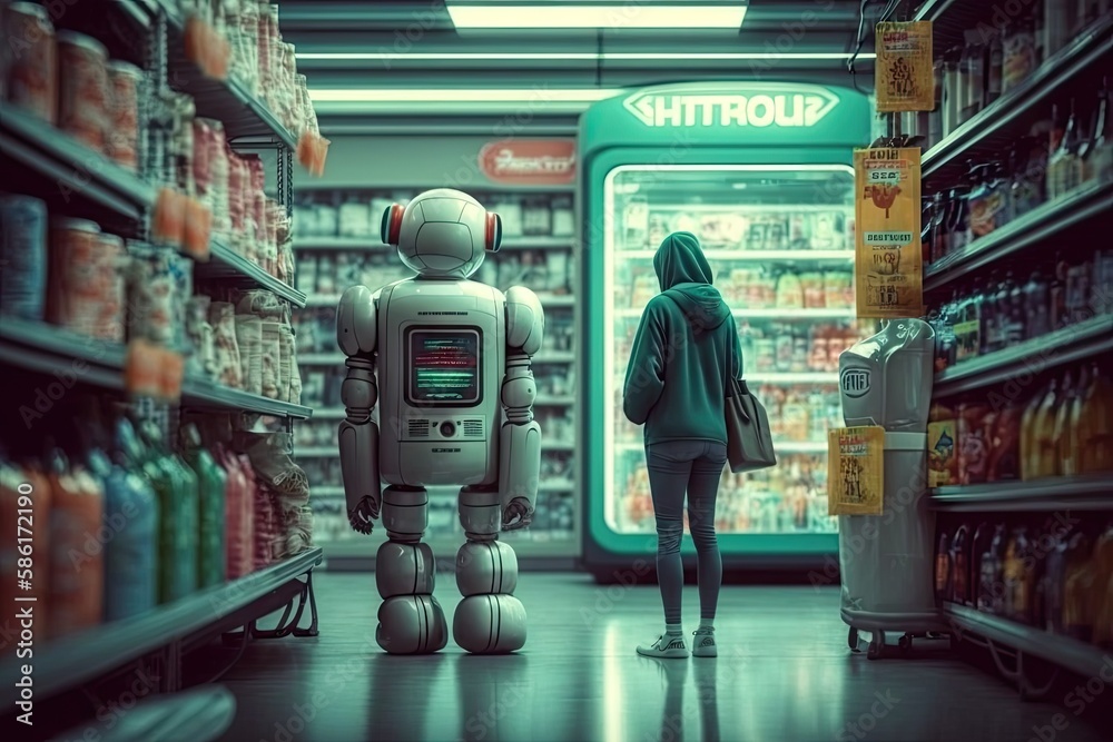 person, checking out with robotic helper, at futuristic grocery store ...