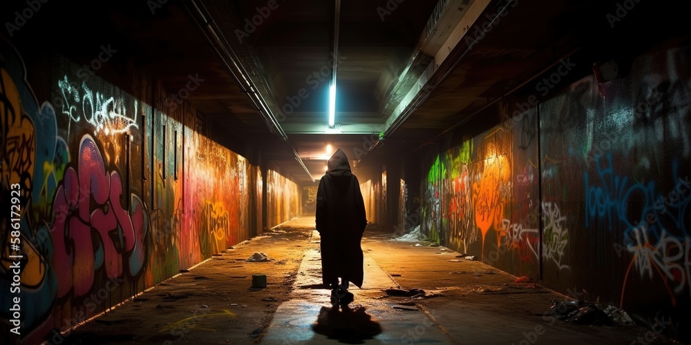 A mysterious man in a long empty tunnel with graffiti on the wall ...