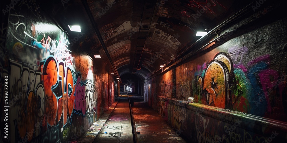 Long empty tunnel with graffiti on the wall. Bright graffiti in an ...