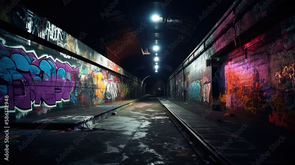 Long empty tunnel with graffiti on the wall. Bright graffiti in an ...
