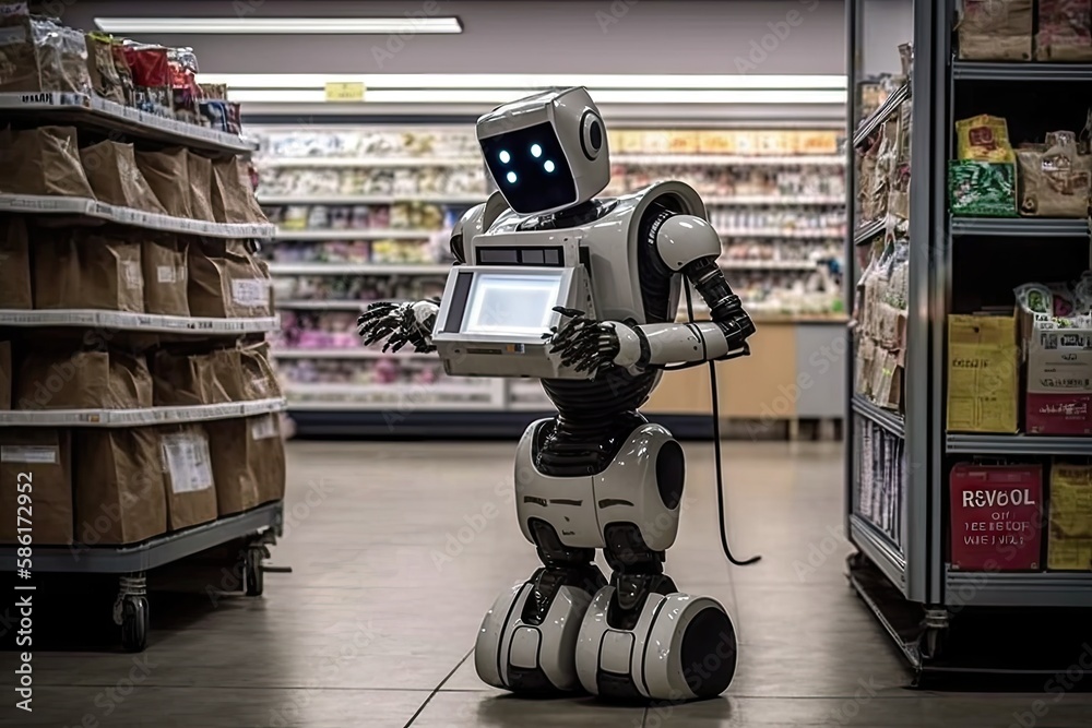 robot brings bags of groceries to checkout counter, while human cashier ...
