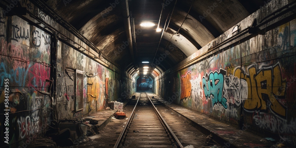 Long empty tunnel with graffiti on the wall. Bright graffiti in an ...