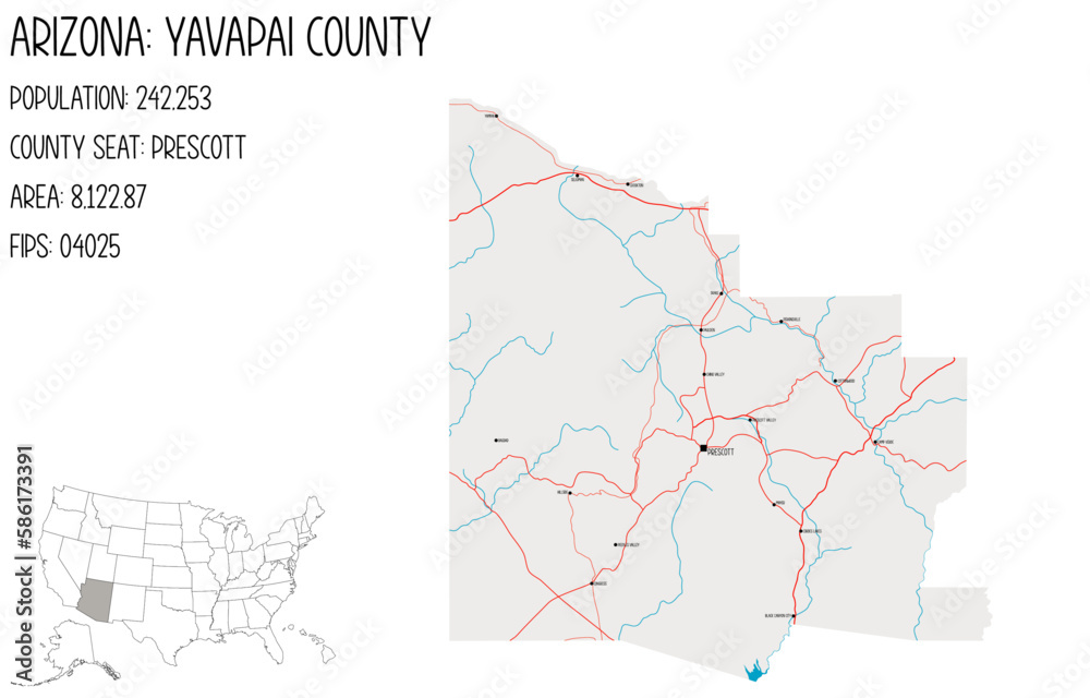 Large and detailed map of Yavapai county in Arizona, USA. Stock Vector ...