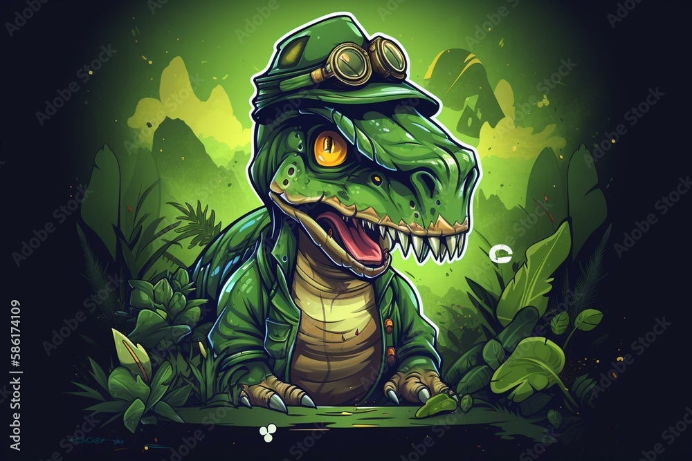 Green t rex dinosaur dino cool t-rex style 2D chibi illustration raptor ...