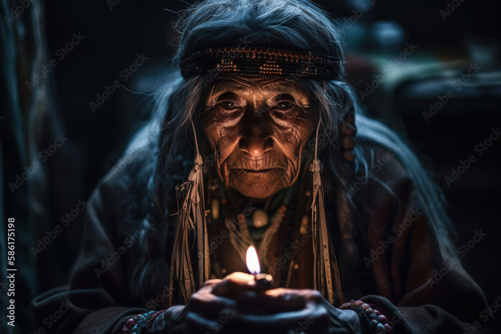 Old tribal elder praying with a single candle in her hands. Generative ...