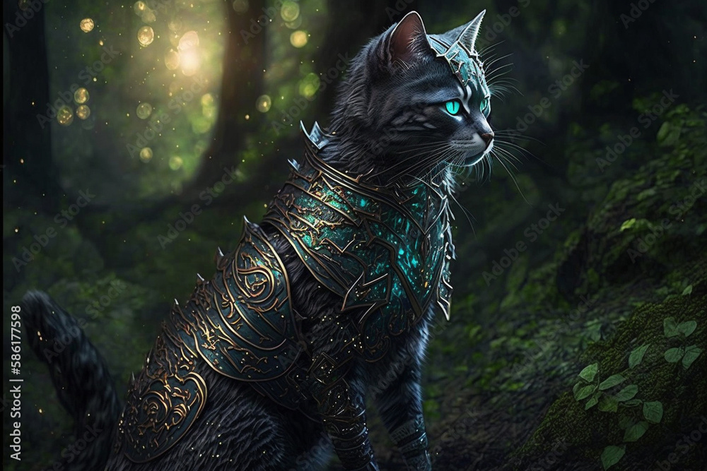 ภาพประกอบสต็อก Fantasy concept art | majestic warrior cat emerges from ...