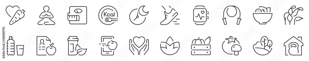 Healthy lifestyle thin line icon set. Symbol collection in transparent ...