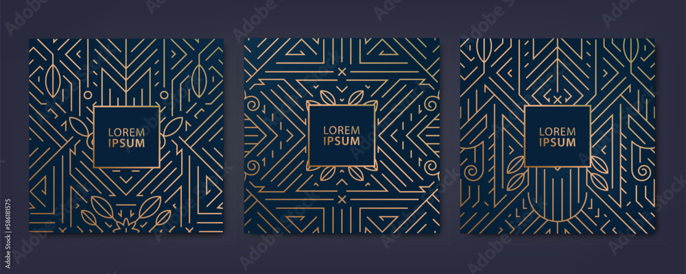 Vector set of luxury cover templates, square line art deco patterns ...