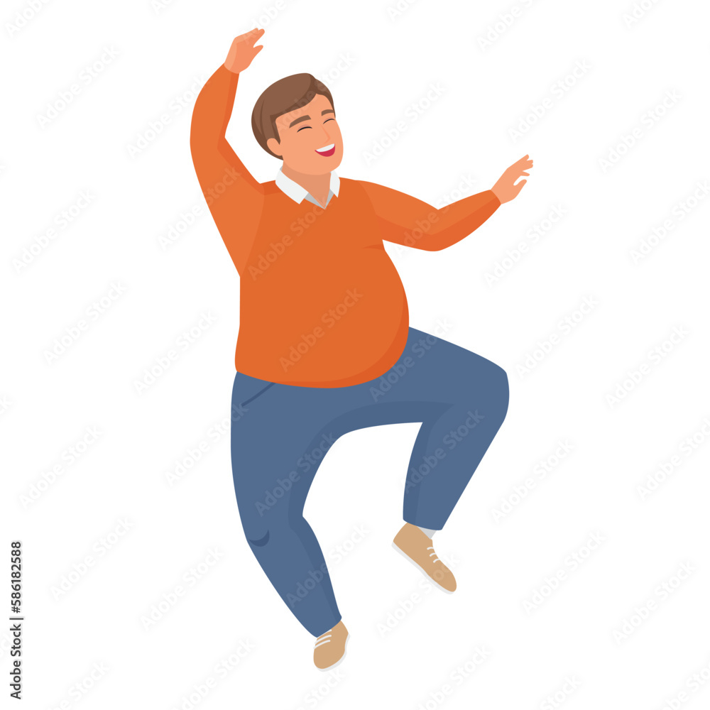 Vetor de Excited fat boy. Jumping chubby man, obese man with happy ...