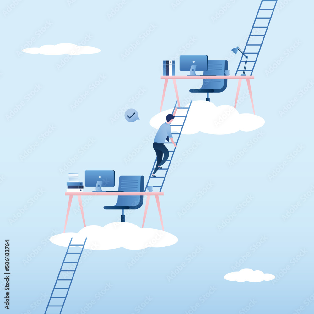 Vetor de Confident businessman climb up ladder from his working desk to ...