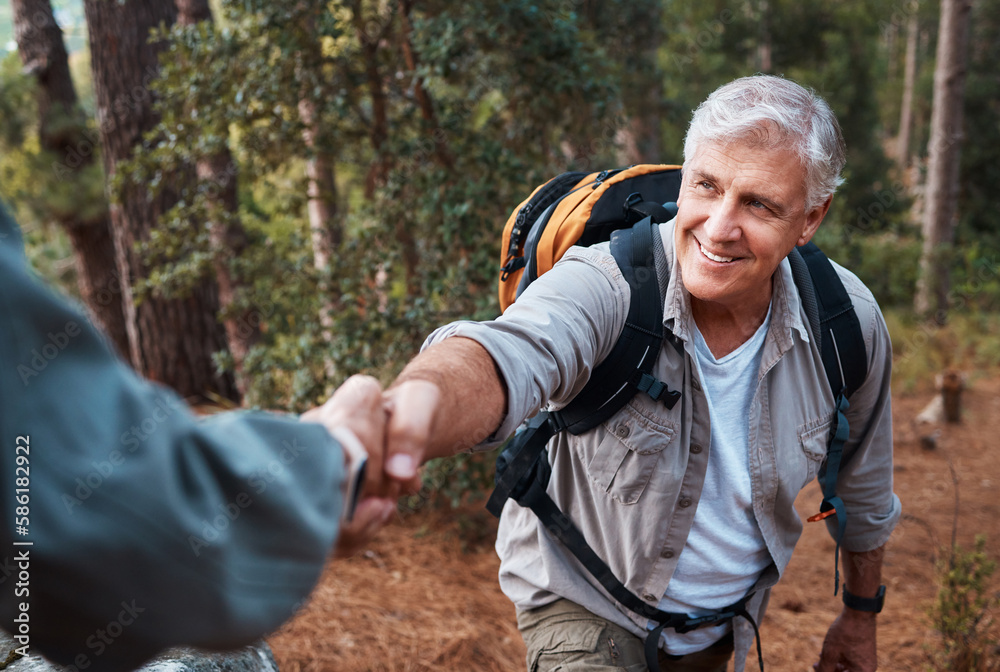 Help, holding hands and couple hiking in nature, climbing support and ...