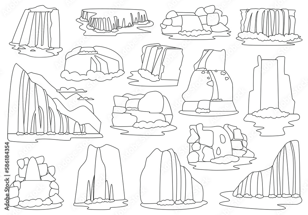 Waterfall isolated outline set icon. Vector outline set icon river ...