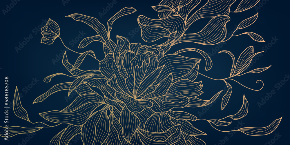 Vector art deco luxury flower line pattern, golden line background ...