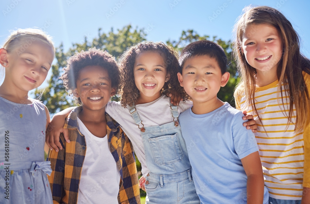 Friendship, kids and portrait of friends in a park playing together ...
