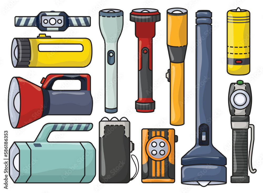 Flashlight of light vector color set icon.Vector illustration spotlight ...