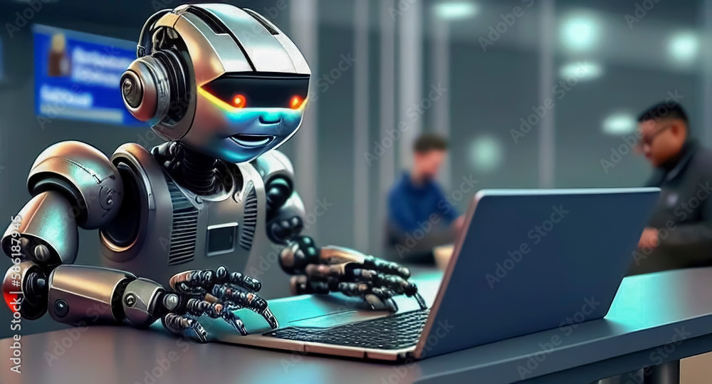 Robot works behind laptops on blurred office with people background ...