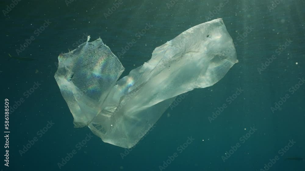 Old torn plastic bag drifting in the water column in sunburst, slow ...