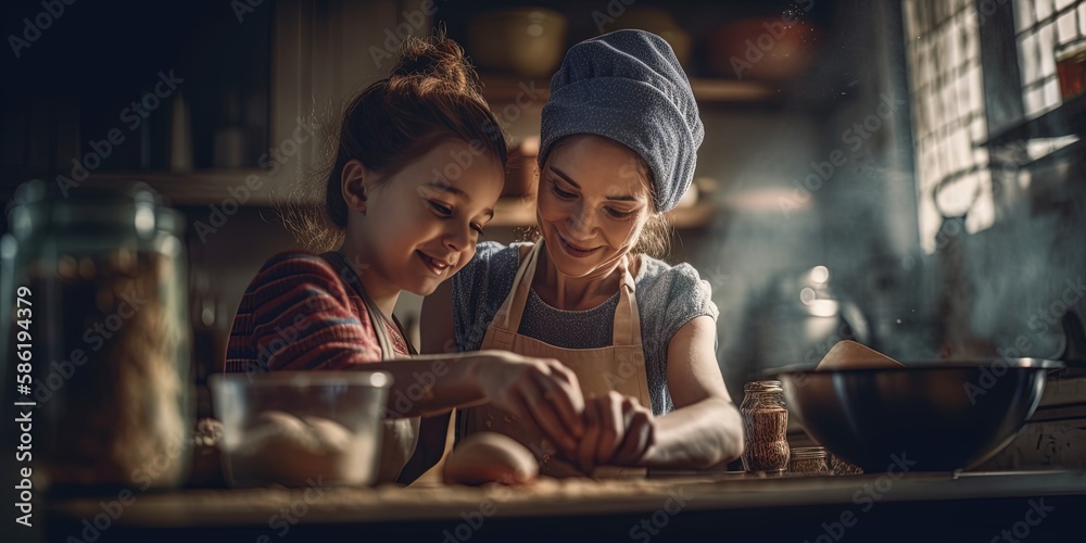 Mother and daughter helping each other to cook in the kitchen happily ...