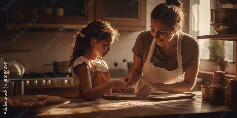 Mother and daughter helping each other to cook in the kitchen happily ...
