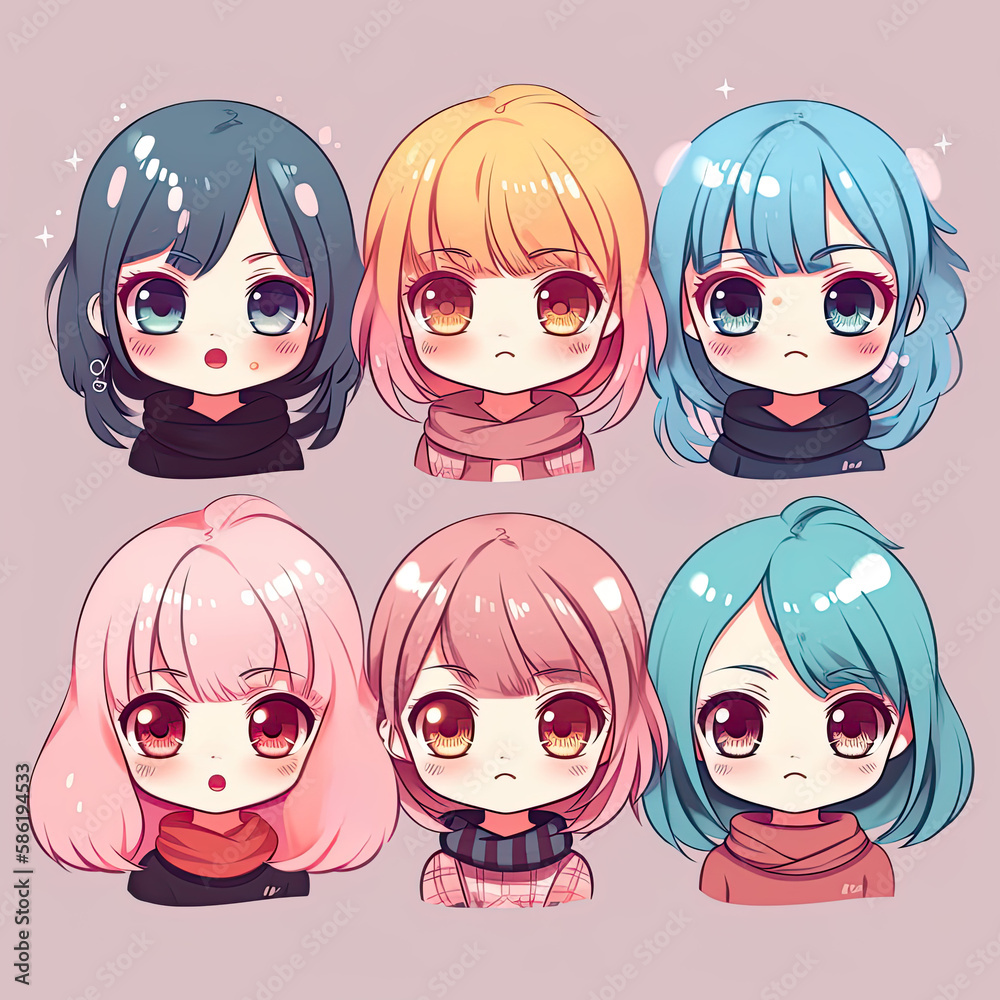 Multiple chibi anime character, kawaii anime girl. Generative ai Stock ...