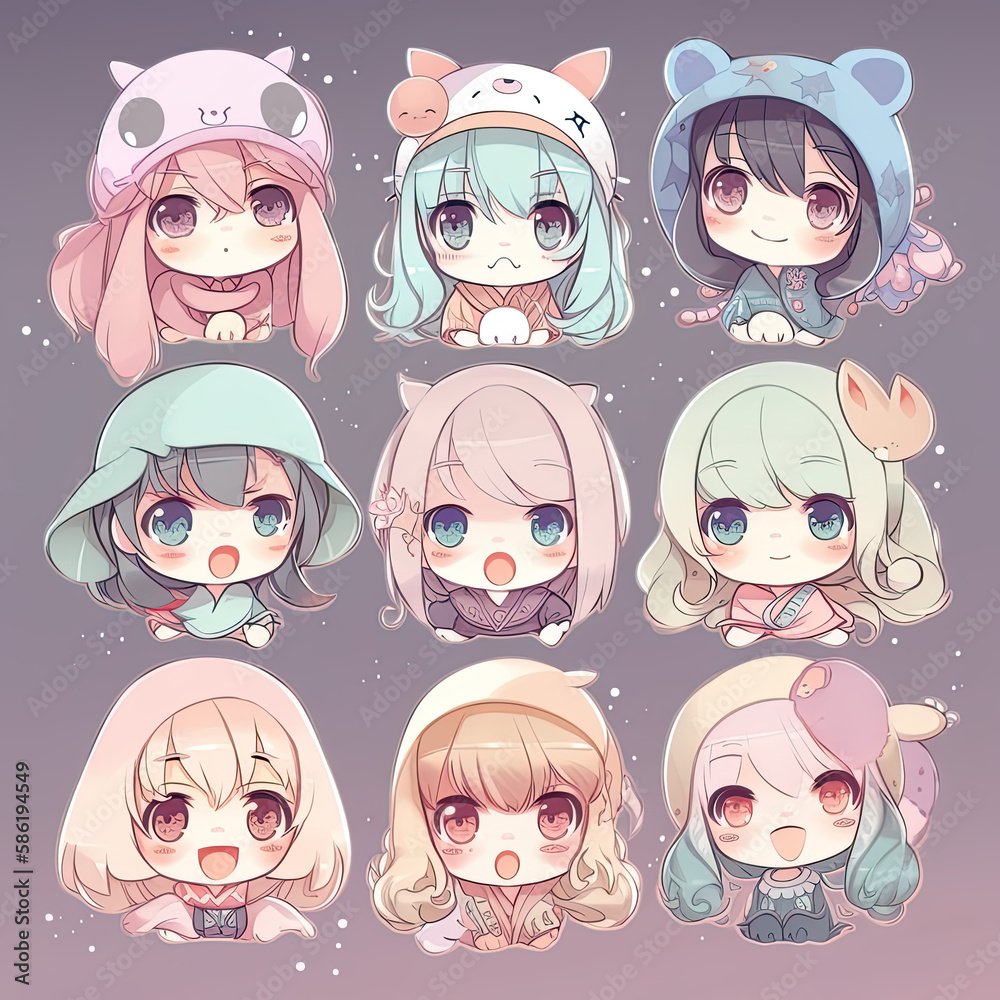 Multiple chibi anime character, kawaii anime girl. Generative ai Stock ...