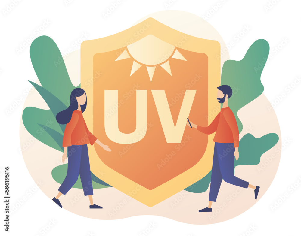Tiny people with SPF shield. UV protection concept. Modern flat cartoon ...