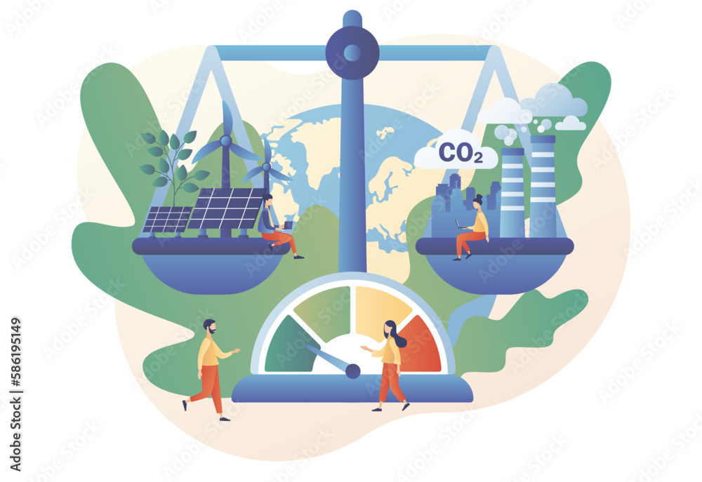 Reduce emission CO2. Scales with ecofriendly and factory. Sustainability concept. Net zero ...