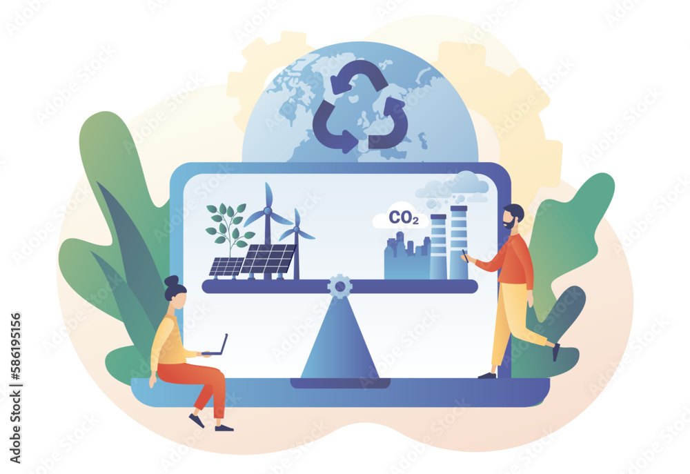 Reduce emission CO2. Scales with ecofriendly and factory. Net zero emissions and carbon dioxide ...