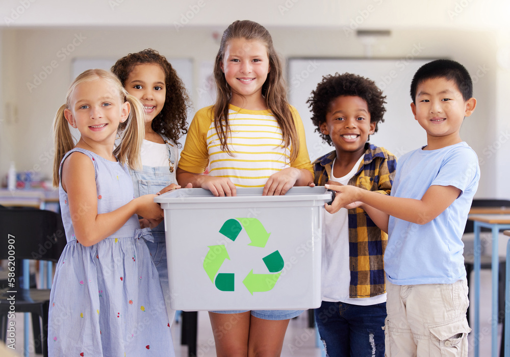 Children, recycle bin and portrait in classroom for cleaning, climate ...