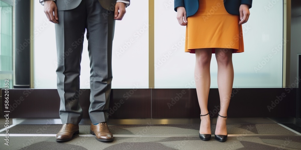 Female legs in short varicoloured skirt among mans legs in formal ...