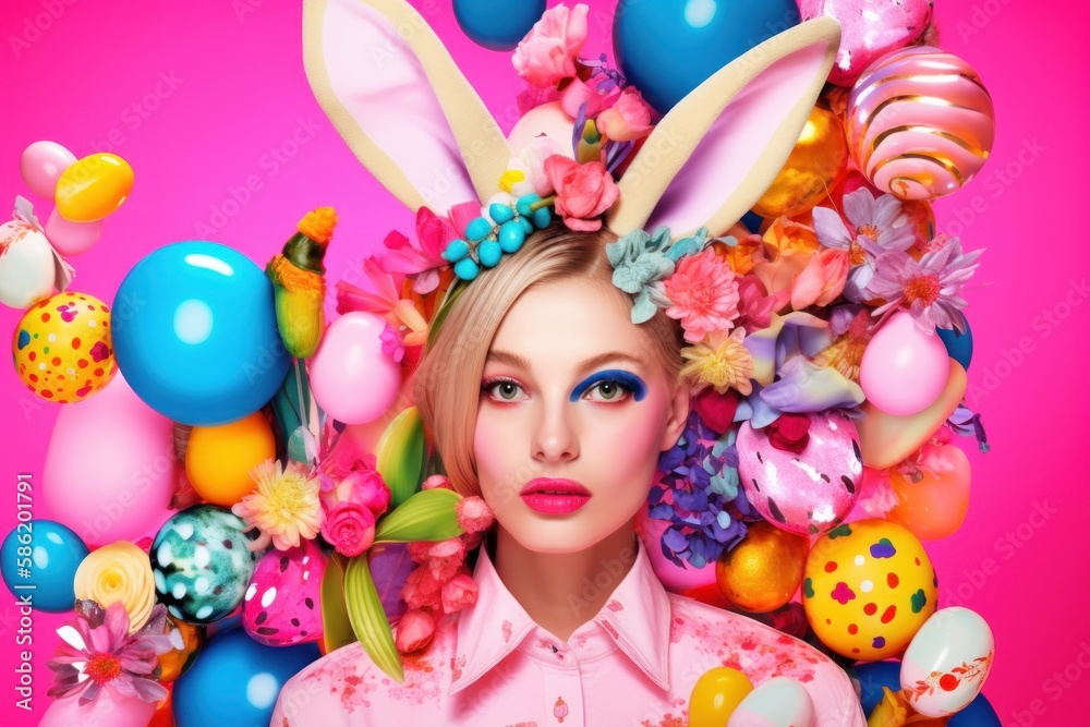 Pop art style creative collage of vivid bright colors, pink tones ...