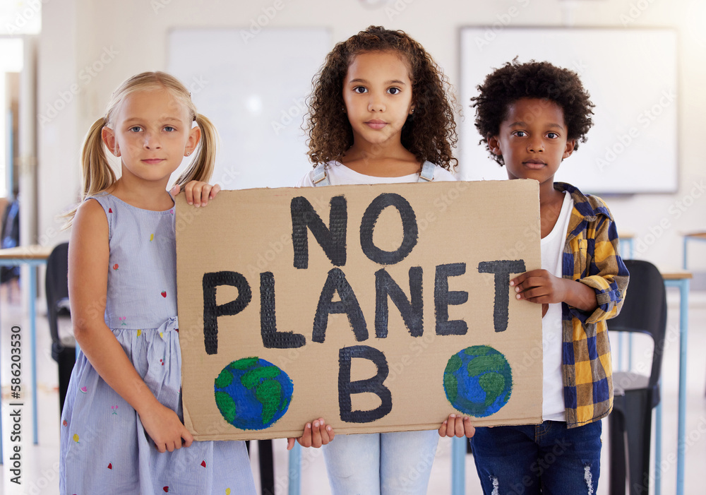 Kids, portrait and poster with friends in protest in a classroom ...