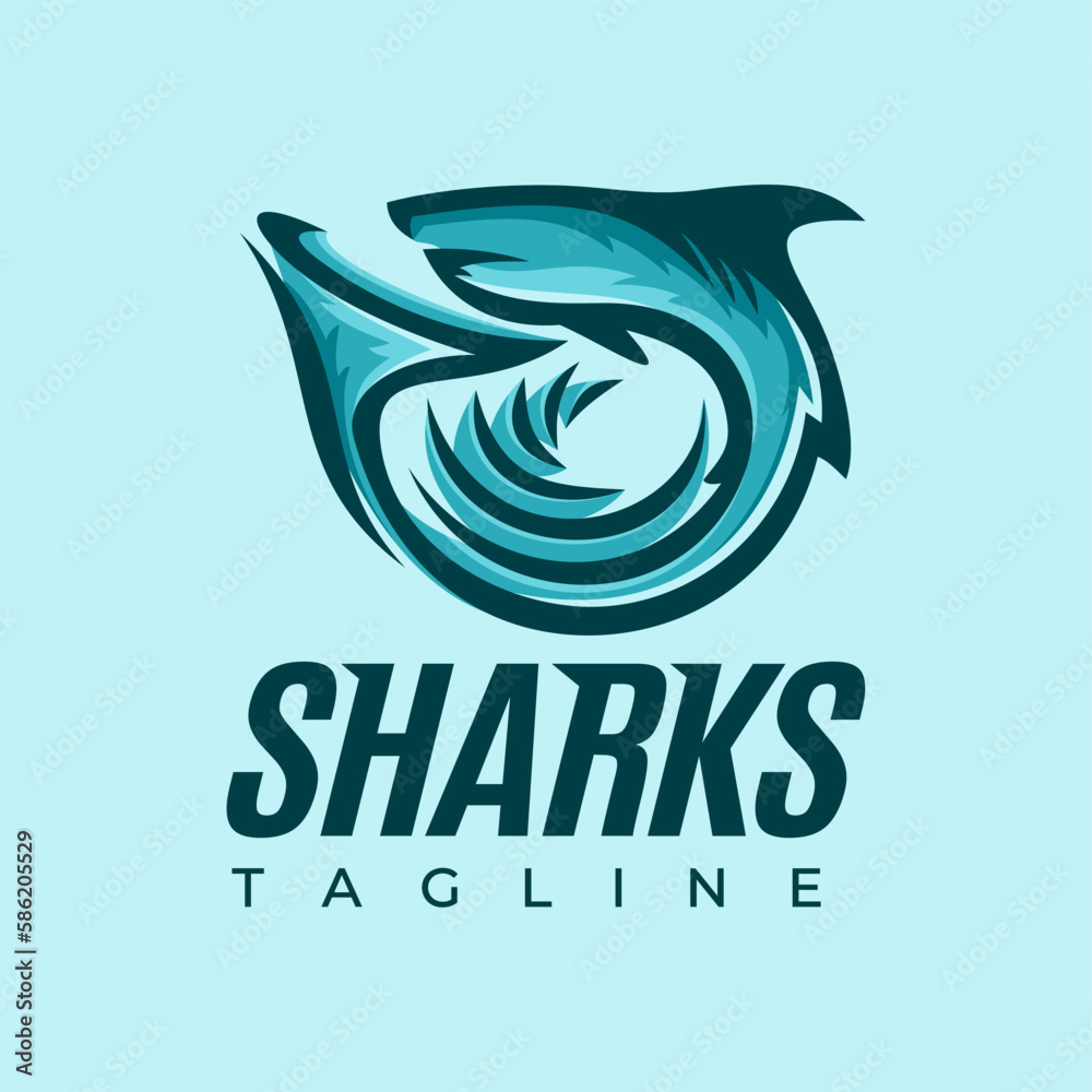 Minimalist sea shark logo design template. Modern shark cartoon mascot ...