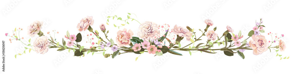 Panoramic view: bouquet of carnation and spring blossom. Horizontal ...
