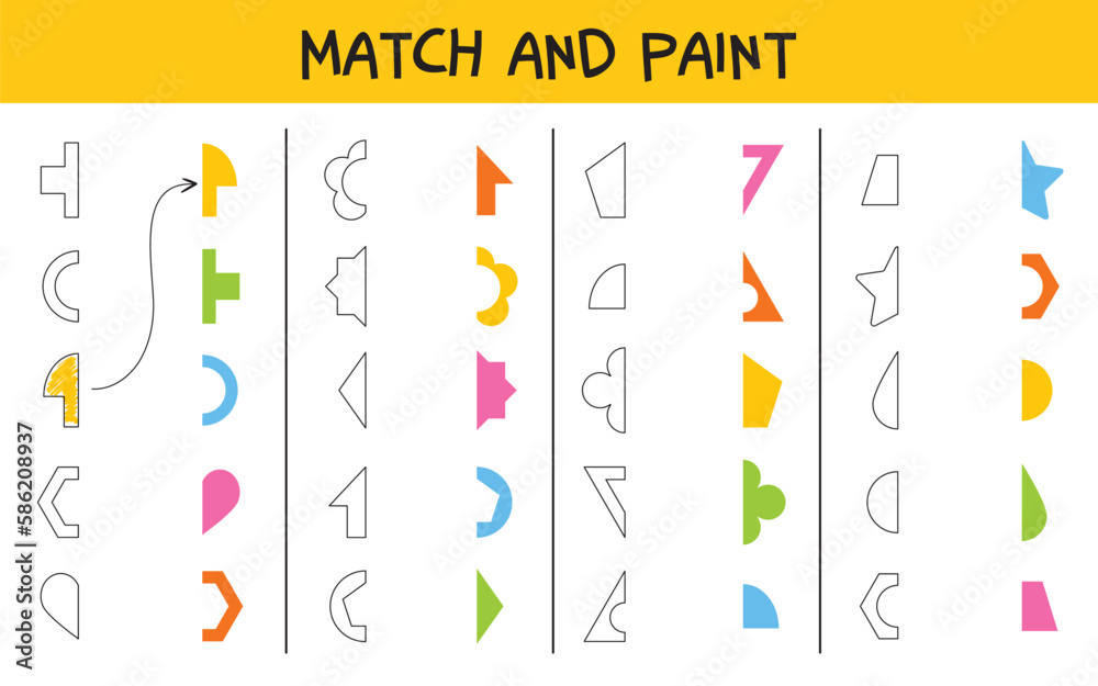 Match and paint game. Find other half of geometric figure. Logic puzzle ...