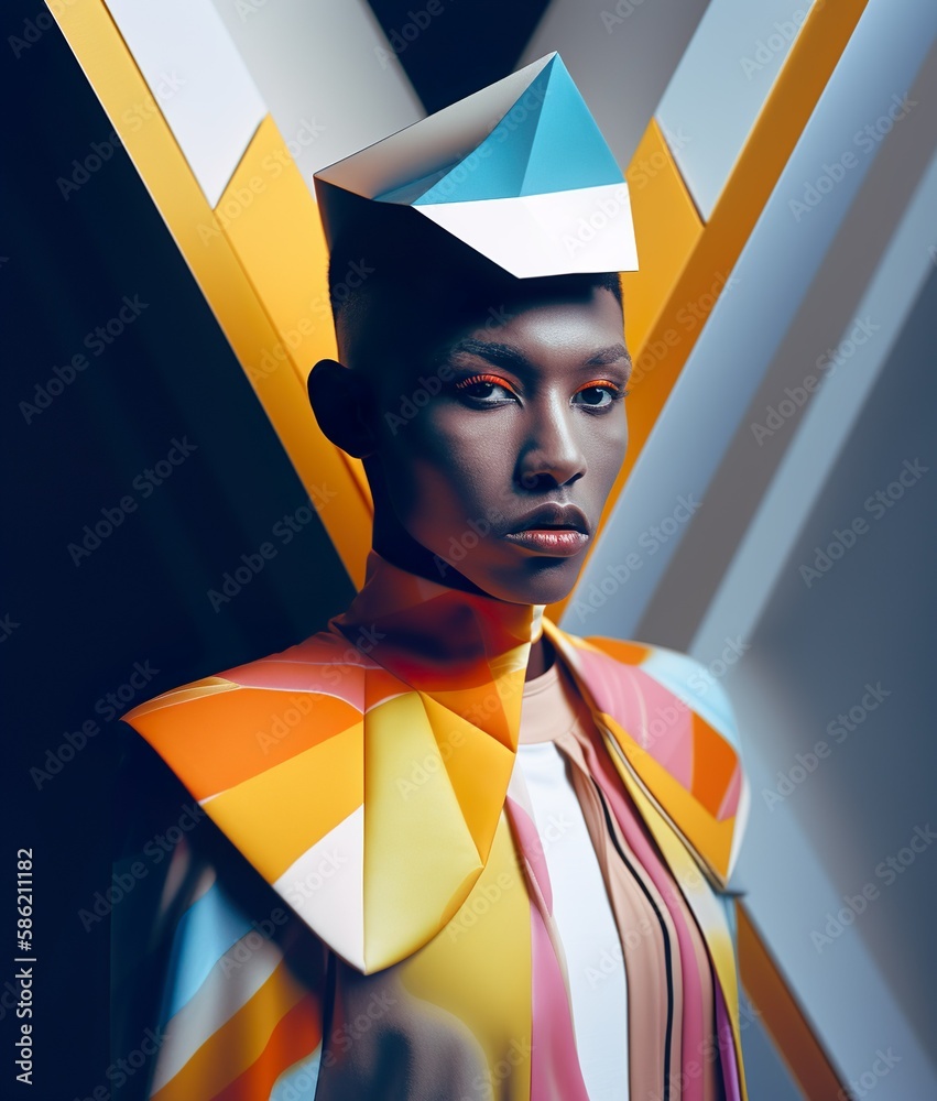 Generative AI fashion portraits of models wearing colourful avant-garde ...