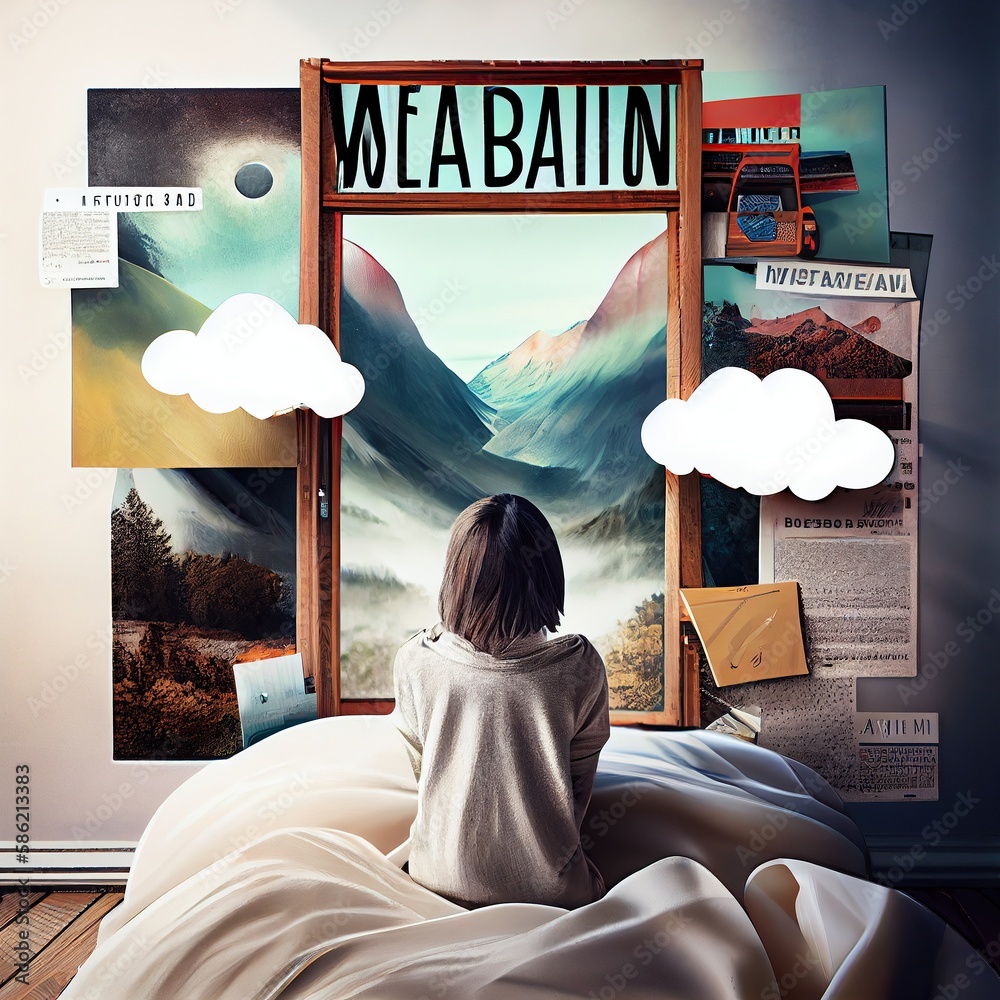 Dream vision board concept and young woman sitting on the bed and ...