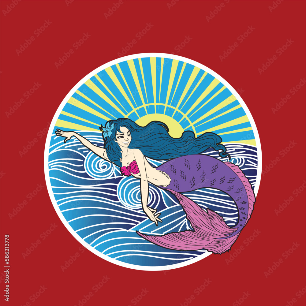 mermaid illustration with japanese style background Stock Vector ...
