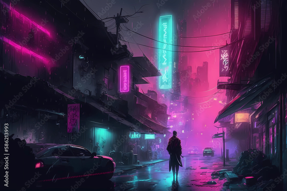 Lonely man on night neon futuristic cyberpunk city background. Cyber ...