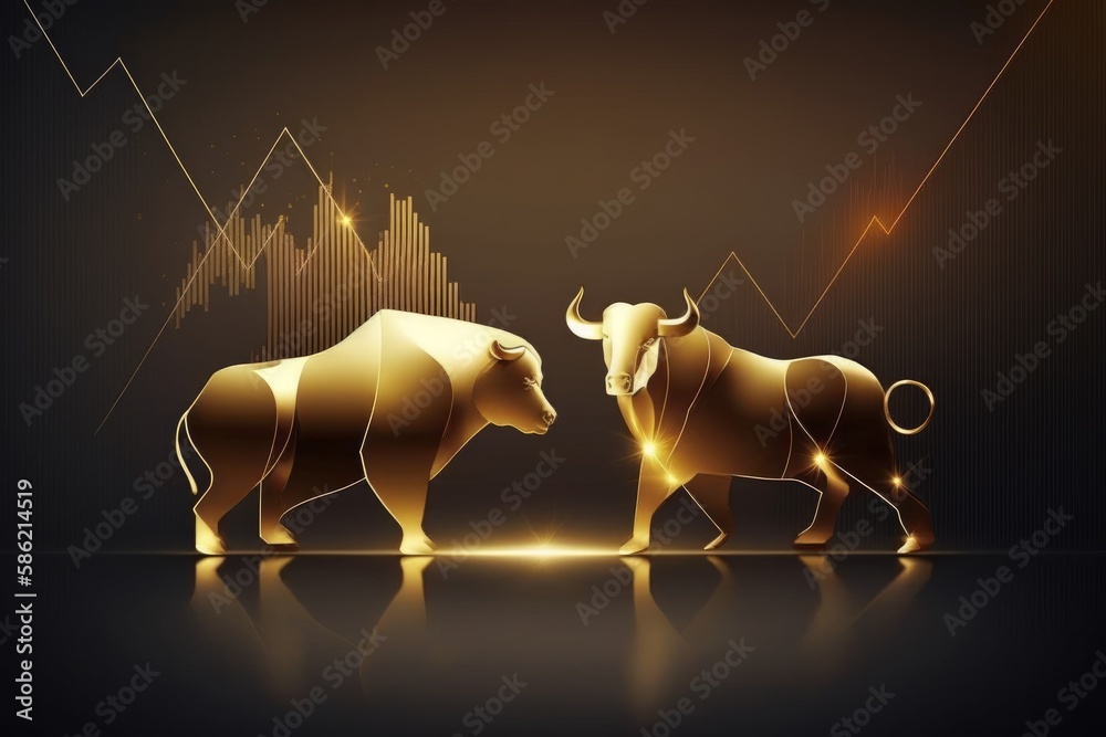 Gold chart business background with golden bull and bear, generative ai ...