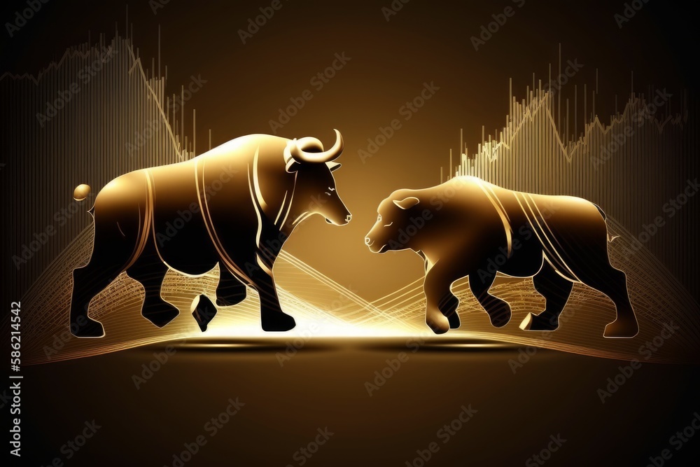 Gold chart business background with golden bull and bear, generative ai ...