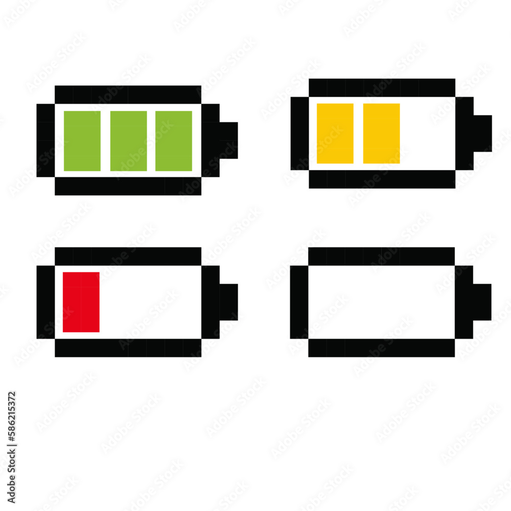 Pixel art 8-bit battery level set icons, isolated vector illustration ...