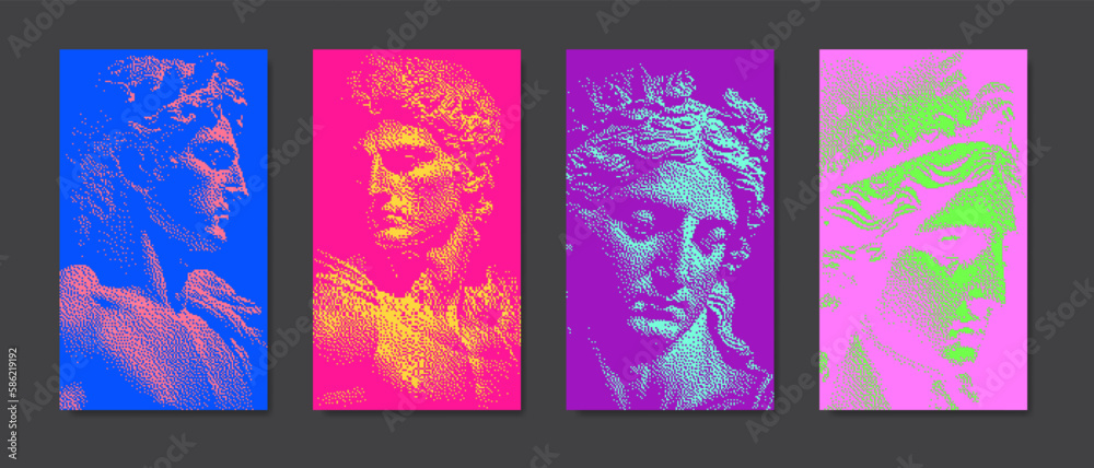 Antique greek statues in pixel dither pattern. Renaissance sculpture in ...