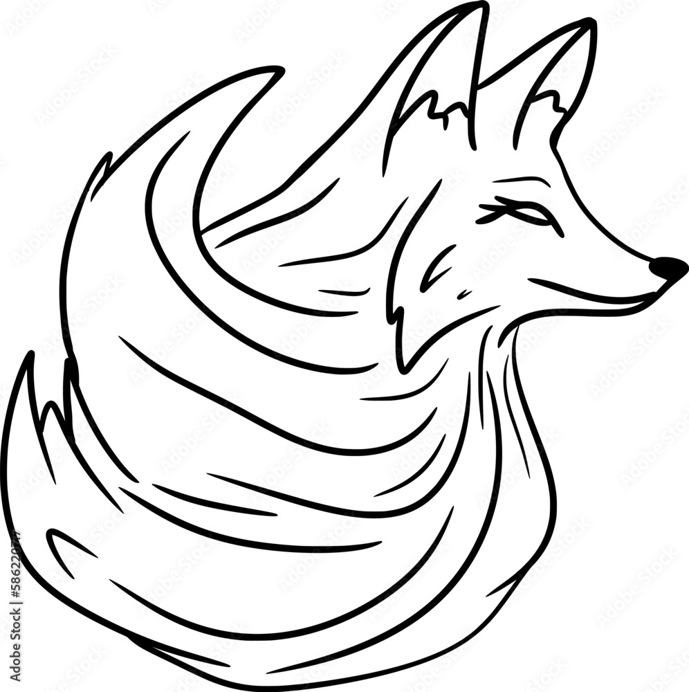 Vector drawing of a fox contour, silhouette with a puffy collar. Black ...