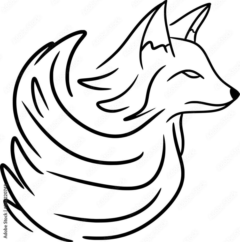 Vector drawing of a fox contour, silhouette with a puffy collar. Black ...