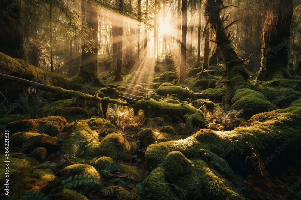 Golden sunlight, rays of the sun, ancient forests covered with moss, a ...