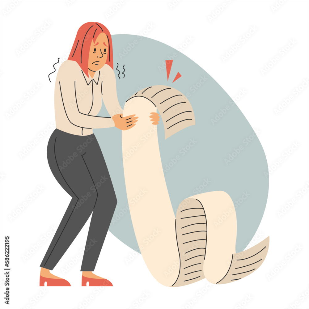 Stressed woman looking at long bill vector isolated. Shocked ...