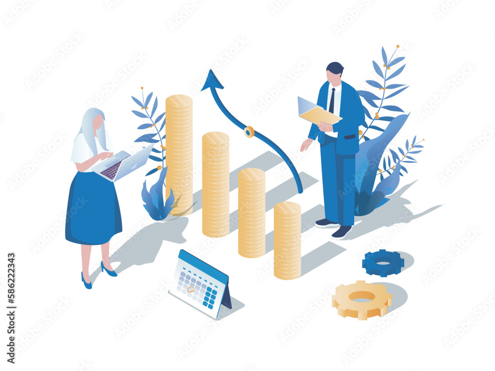 Financial analytics concept 3d isometric web scene. People working with ...